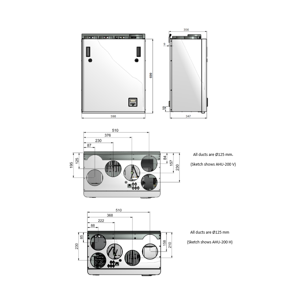 Rekuperatorius ENSY AHU-200H vertikalus dešinės p. 260m³/h su integr ...